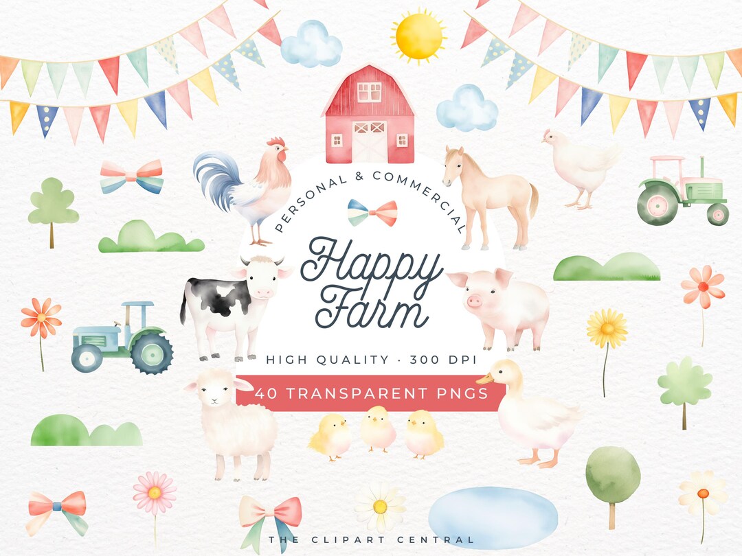 Watercolor Happy Farm Clipart, Cute Barn PNG Digital Illustration ...