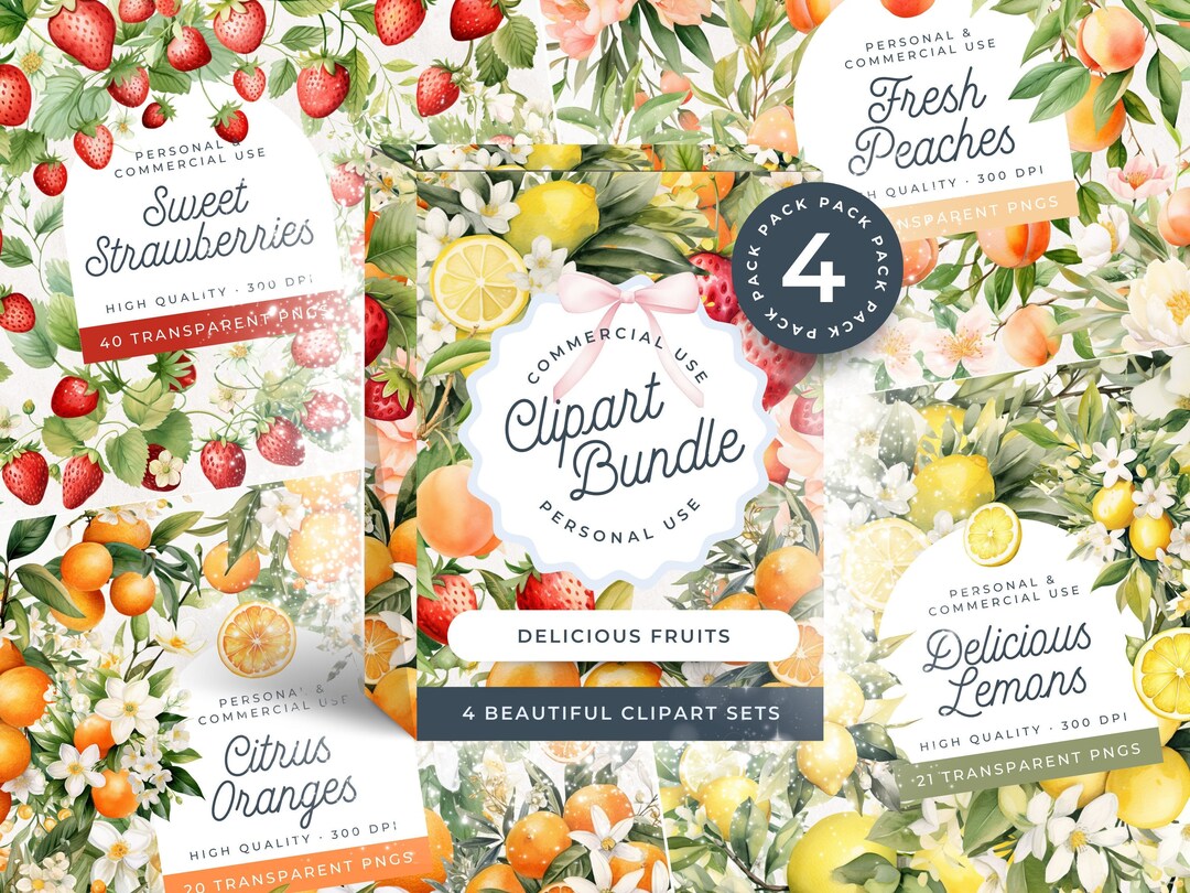 Watercolor Fruit Clipart BUNDLE, Fresh Strawberries Set, Peach Clip Art ...