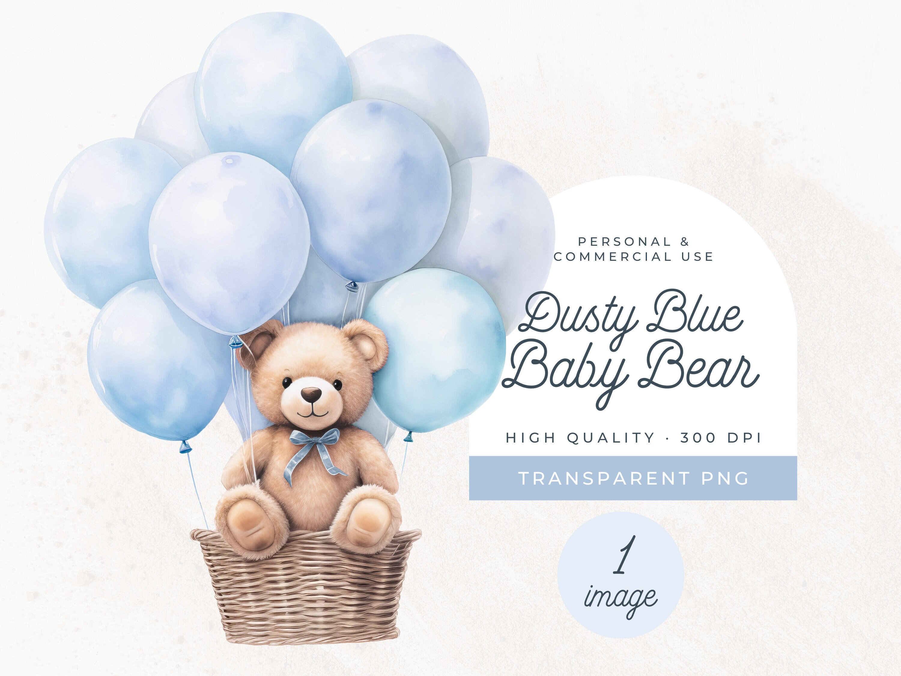 Bear With Blue Balloon PNG, SINGLE Watercolor Clipart, Dusty Blue Baby Bear, Teddy Bear Baby ...