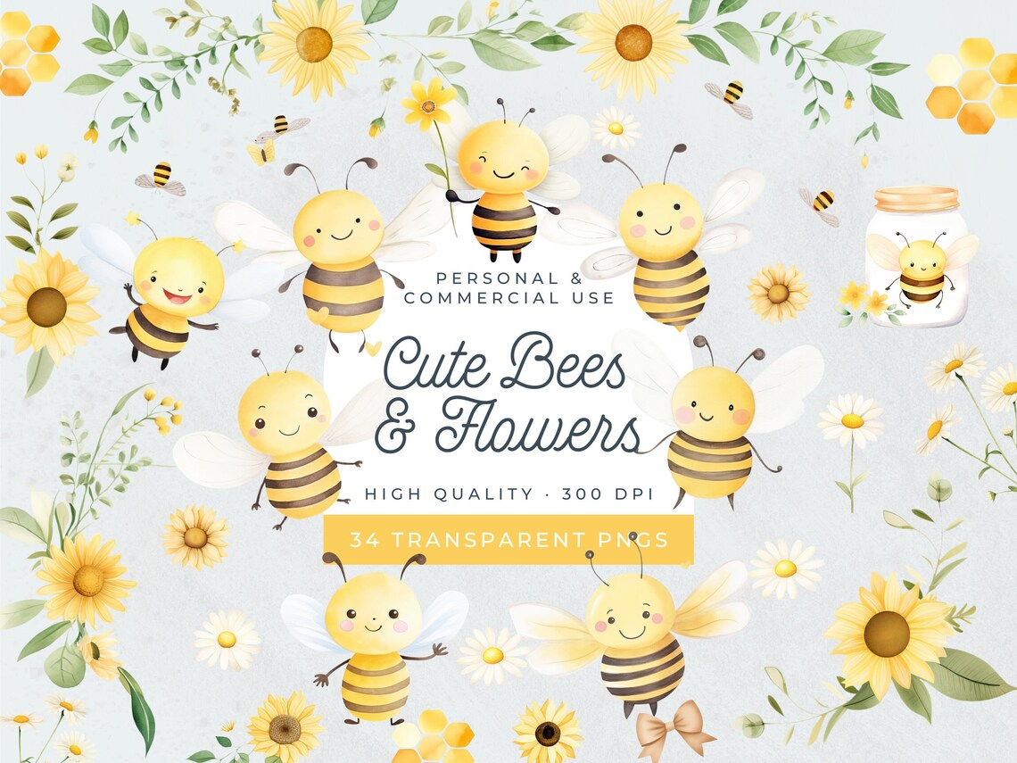 Cute Bee Theme Clipart, Watercolor Honey Bee and Flowers Clip Arts ...