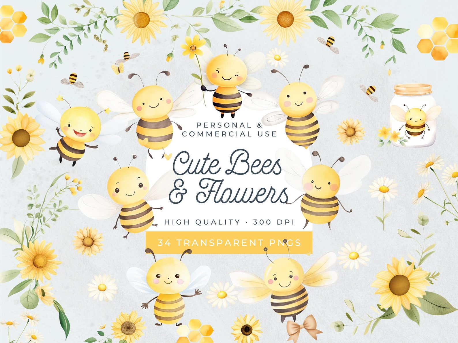 Cute Bee Theme Clipart, Watercolor Honey Bee and Flowers Clip Arts ...