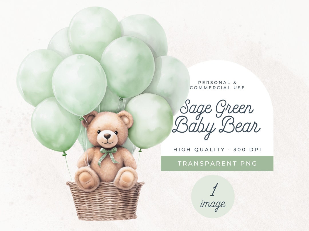 Green Teddy Bear Clipart, Watercolor Air Balloon Basket, Sage Green ...