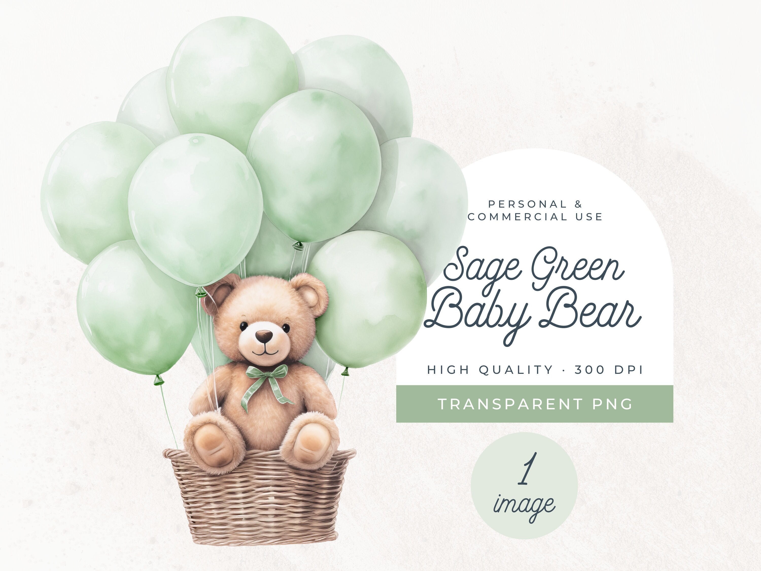 Green Teddy Bear Clipart, Watercolor Air Balloon Basket, Sage Green ...