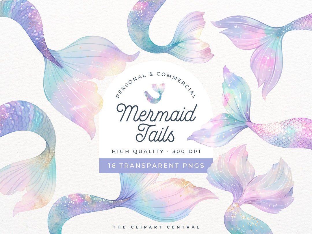 Watercolor Mermaid Tail Clipart, Pastel Purple Pink Clip Art, Gold ...