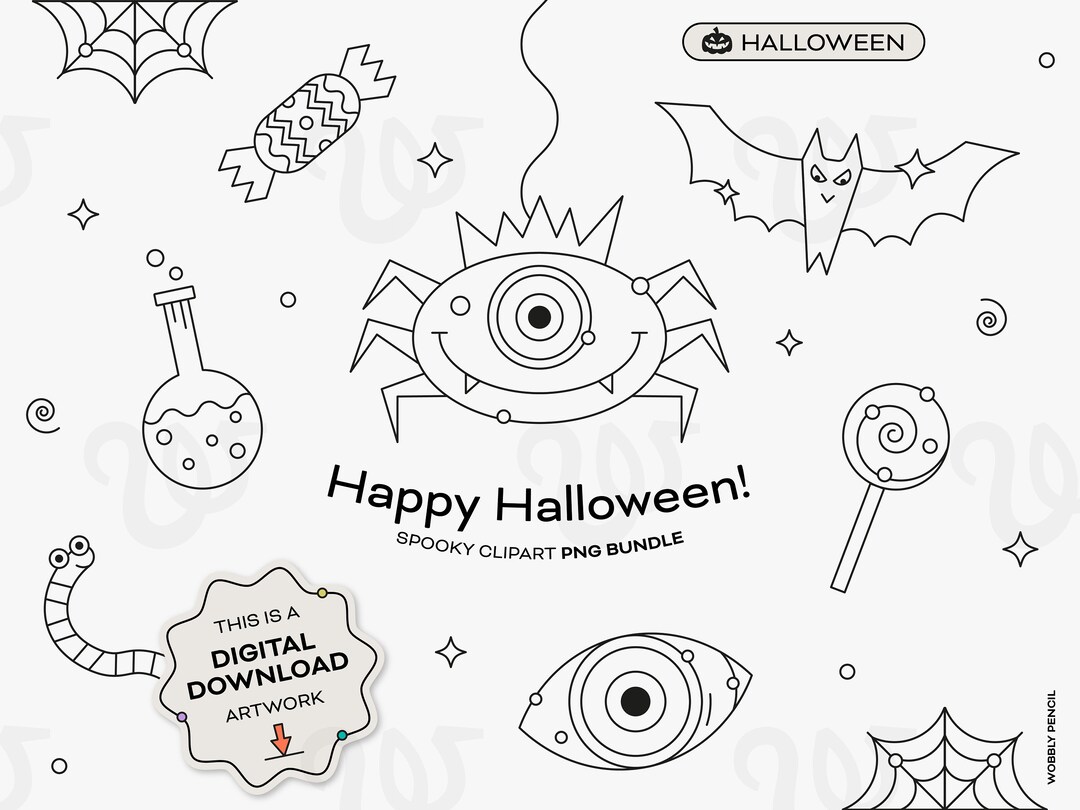 Halloween PNG Clipart Bundle Cute Line Art Digital Stamps - Etsy