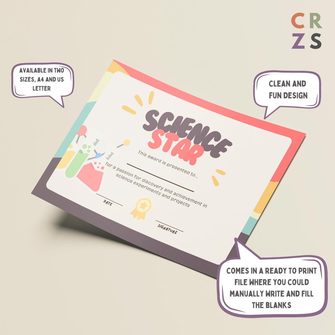 Science Award Certificate for Kids Classroom Award Certificate Student ...