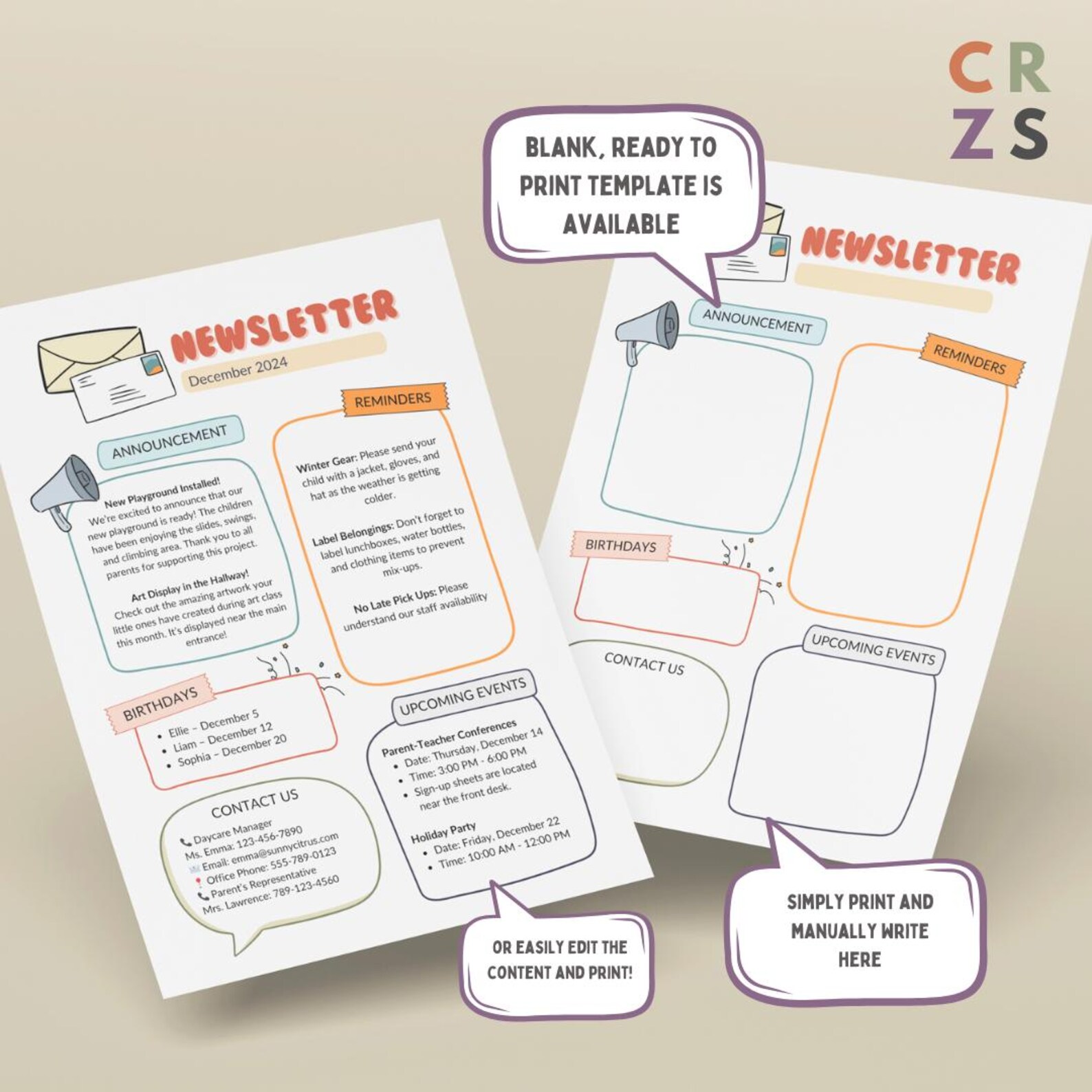 Editable Kindergarten Weekly Monthly Newsletter, Daycare Newsletter ...