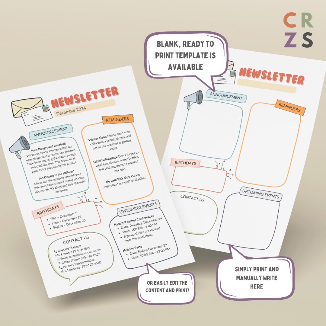 Editable Kindergarten Weekly Monthly Newsletter, Daycare Newsletter ...