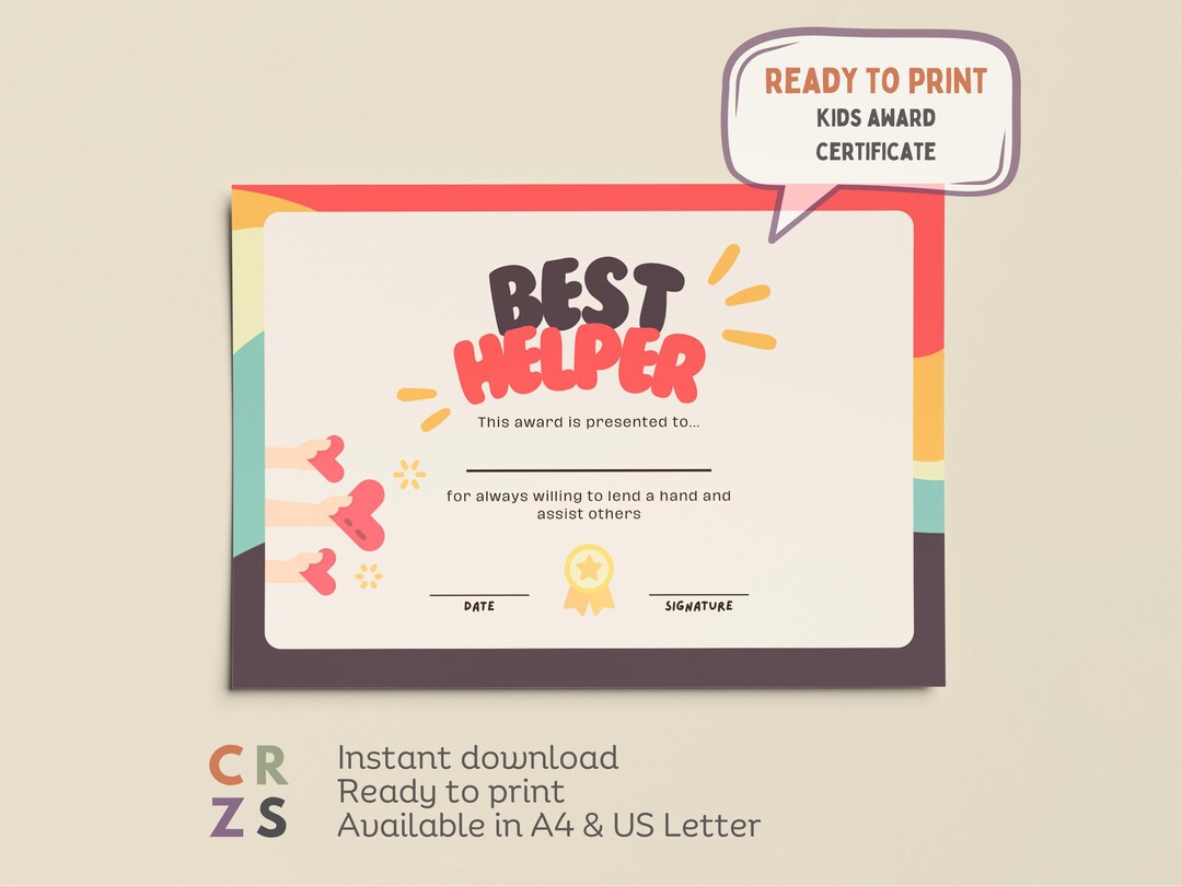 Best Helper Award Certificate for Kids Classroom Award Certificate ...