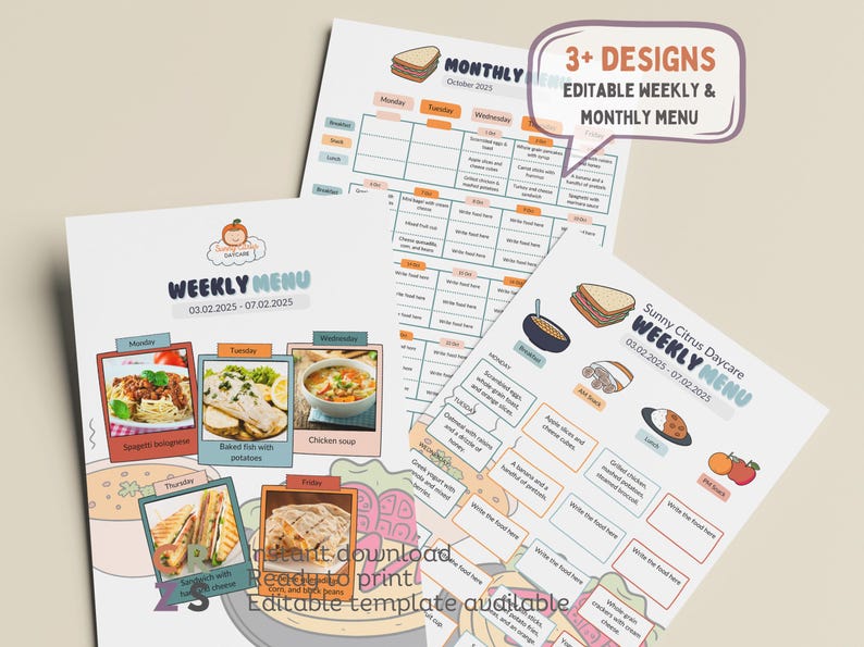 Daycare Weekly & Monthly Menu With Pictures, Editable Weekly Meal Plan ...