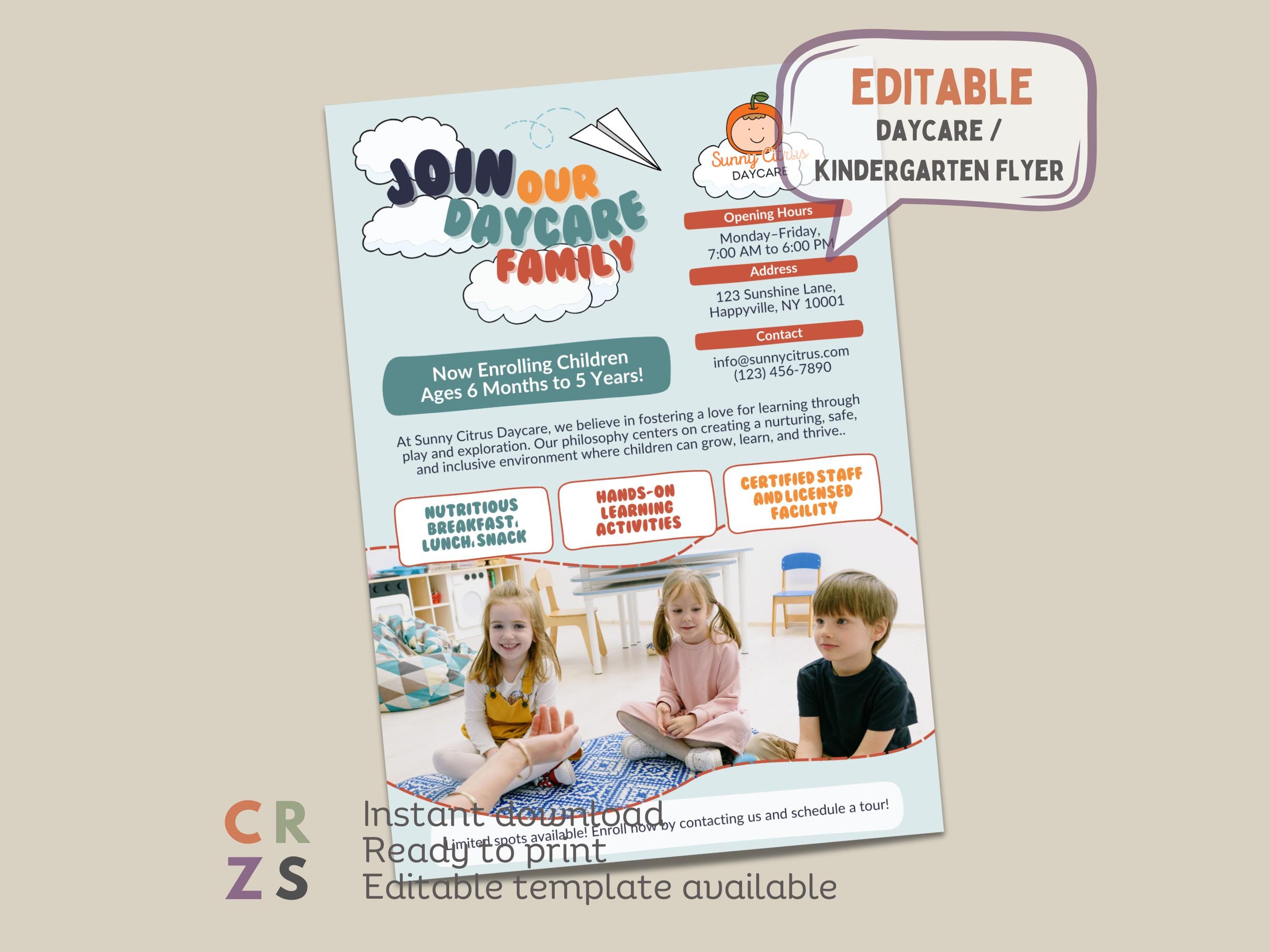 Daycare Flyer, Editable Childcare Flyers, Kindergarten Enrollment ...