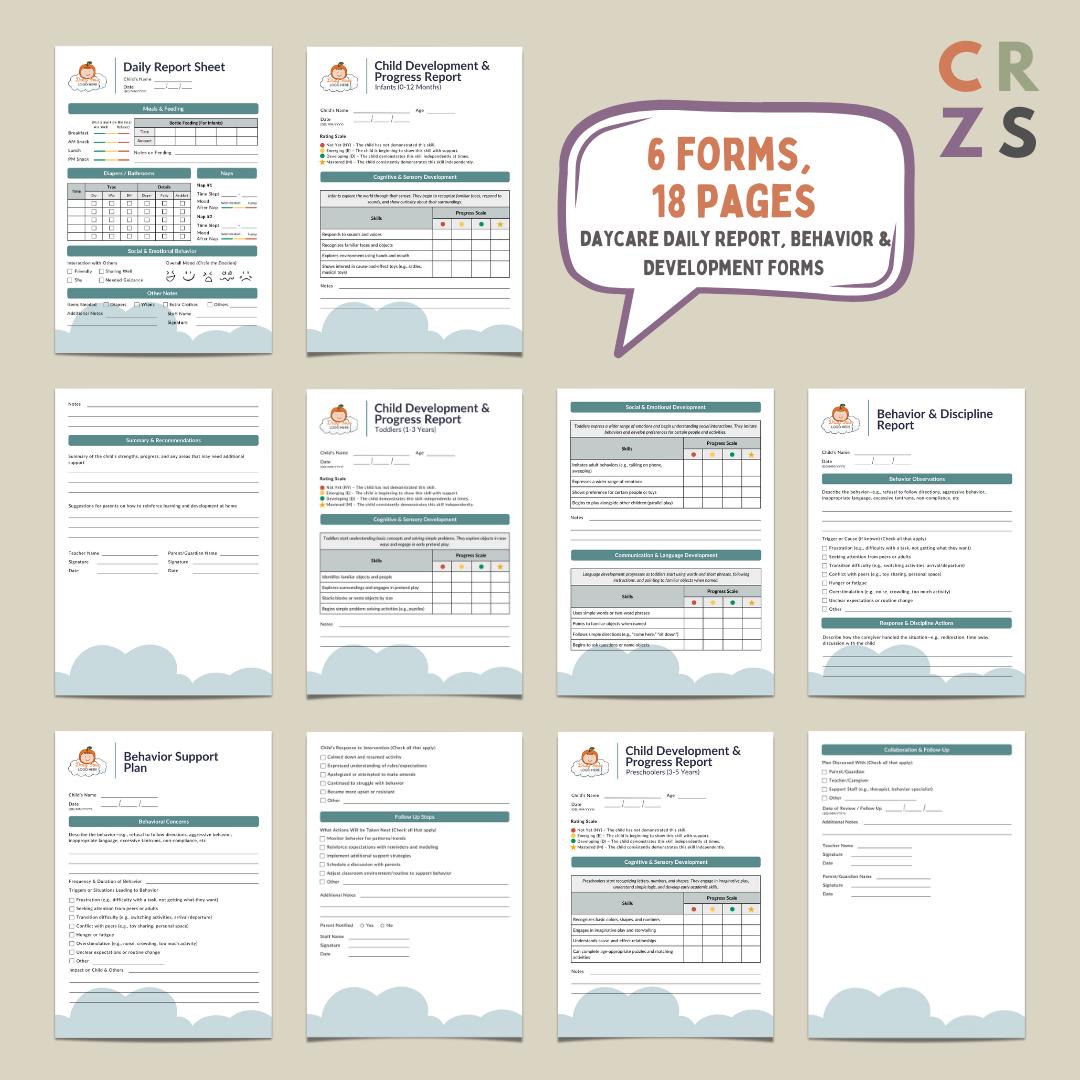 Daycare Child Activity, Behavior & Development Progress Report Bundle ...