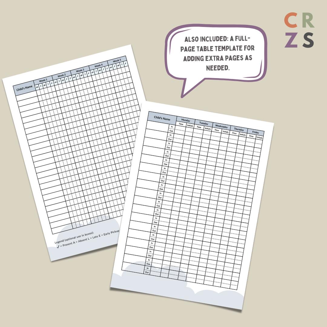 Daycare Weekly Monthly Attendance Sheet, Attendance Log for Childcare ...