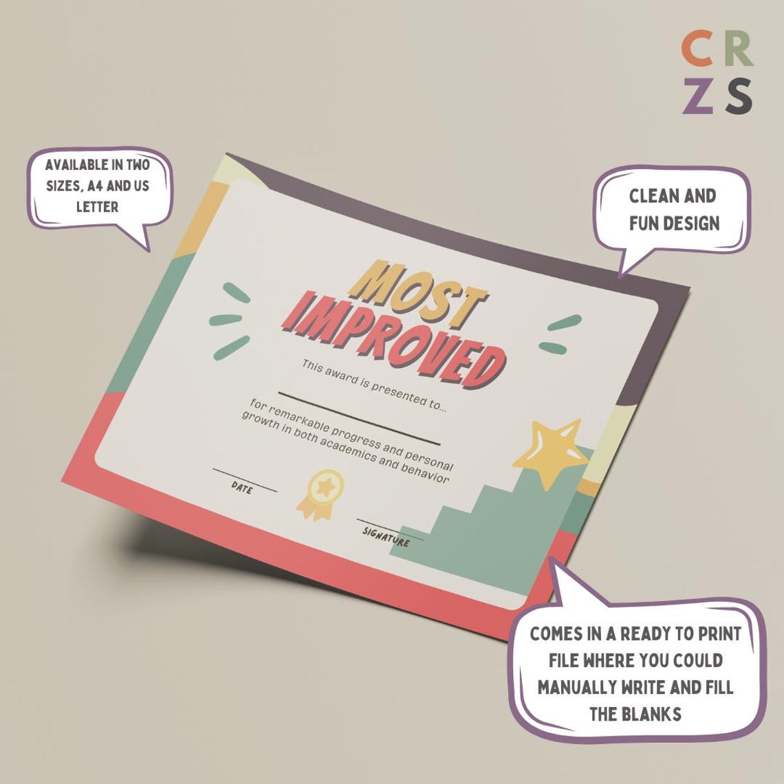 Improvement Award Certificate for Kids Classroom Award Certificate ...