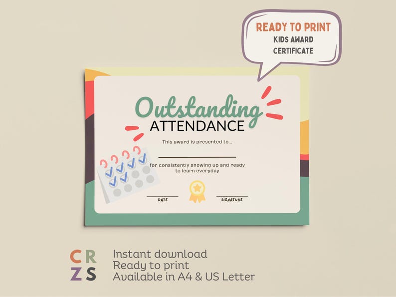 Attendance Award Certificate for Kids Classroom Award Certificate ...