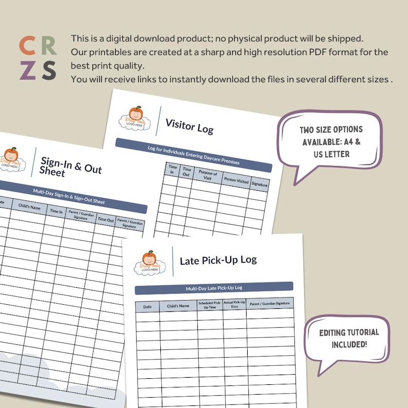 Daycare Attendance Logs Forms Bundle, Childcare Visitor Log, Late Pick ...
