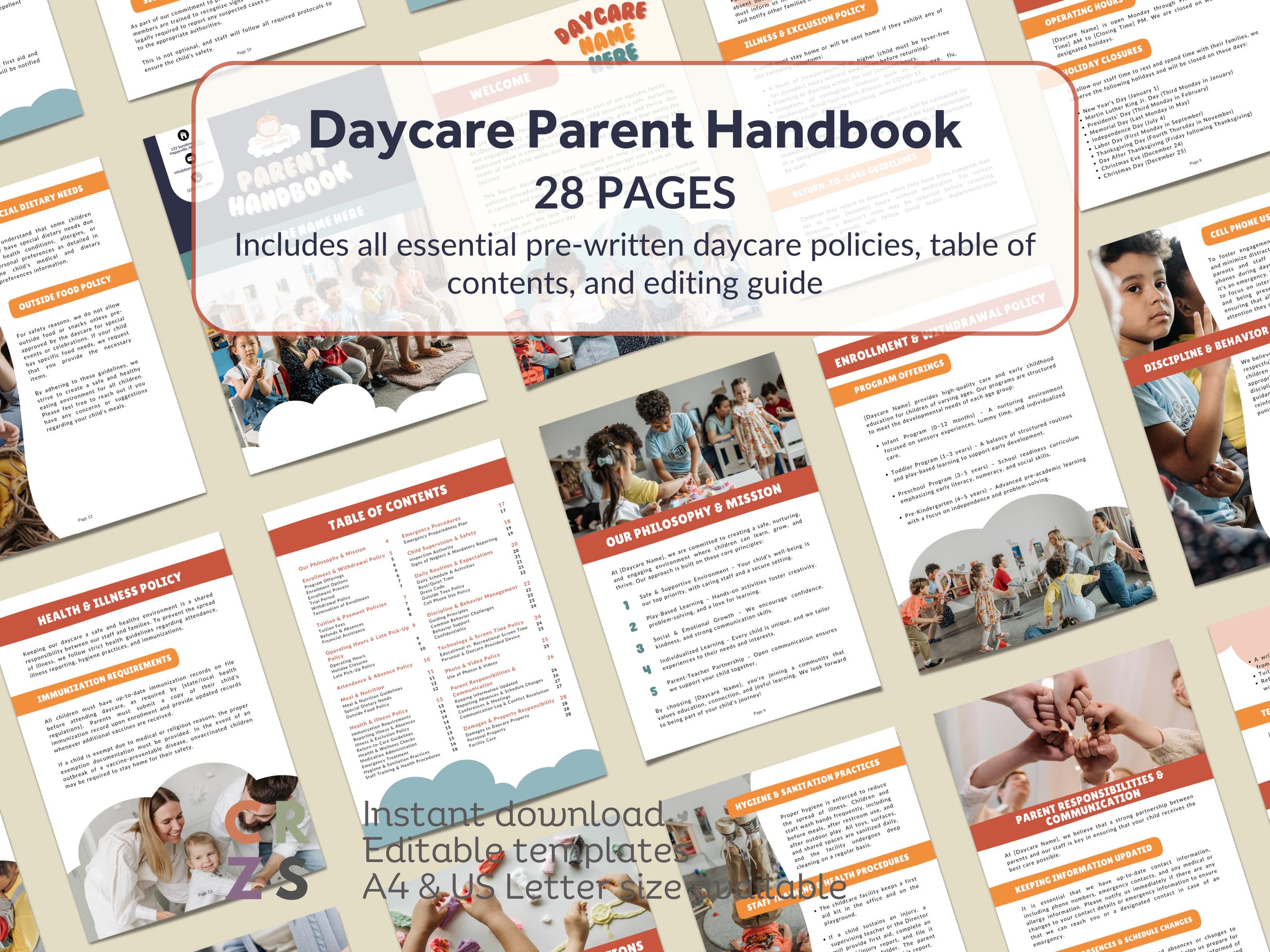Daycare Parent Handbook, Editable Childcare Policy and Procedure ...