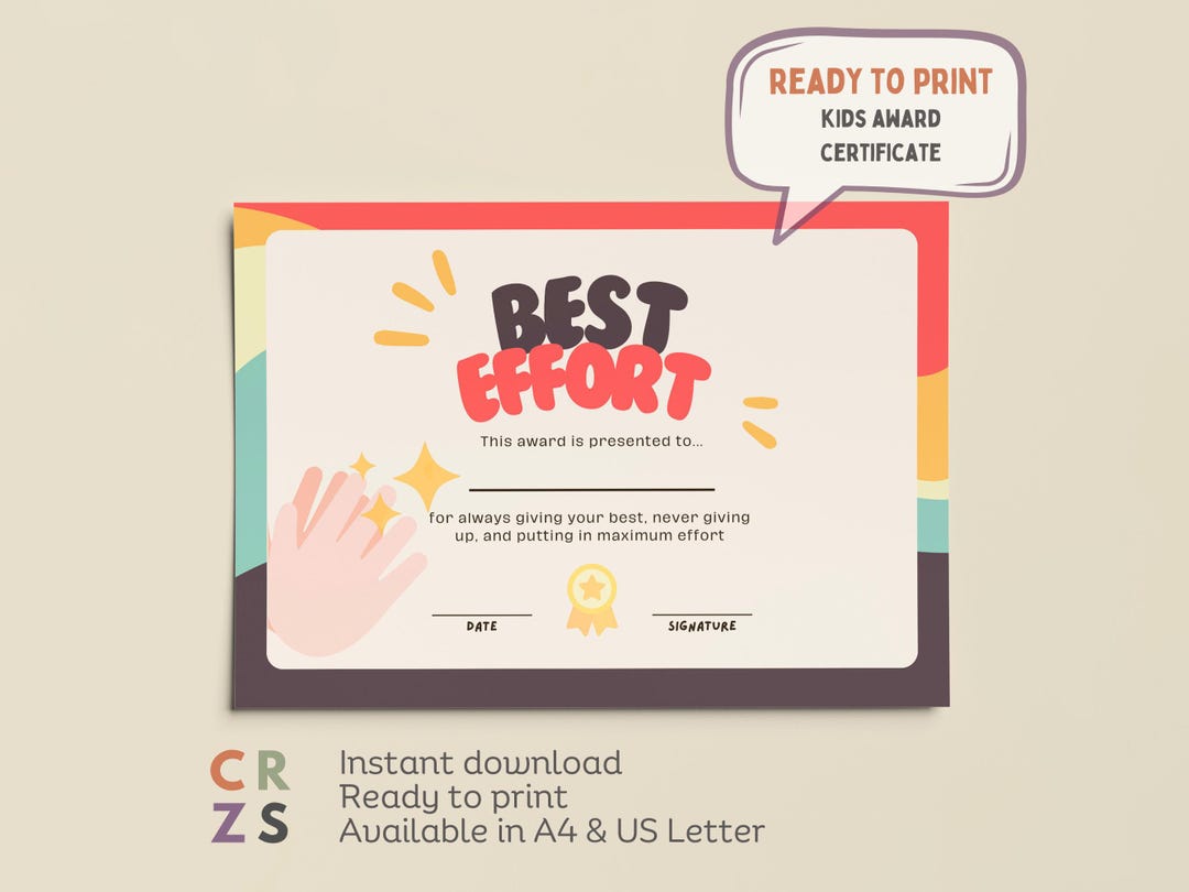 Best Effort Award Certificate for Kids Classroom Award Certificate ...