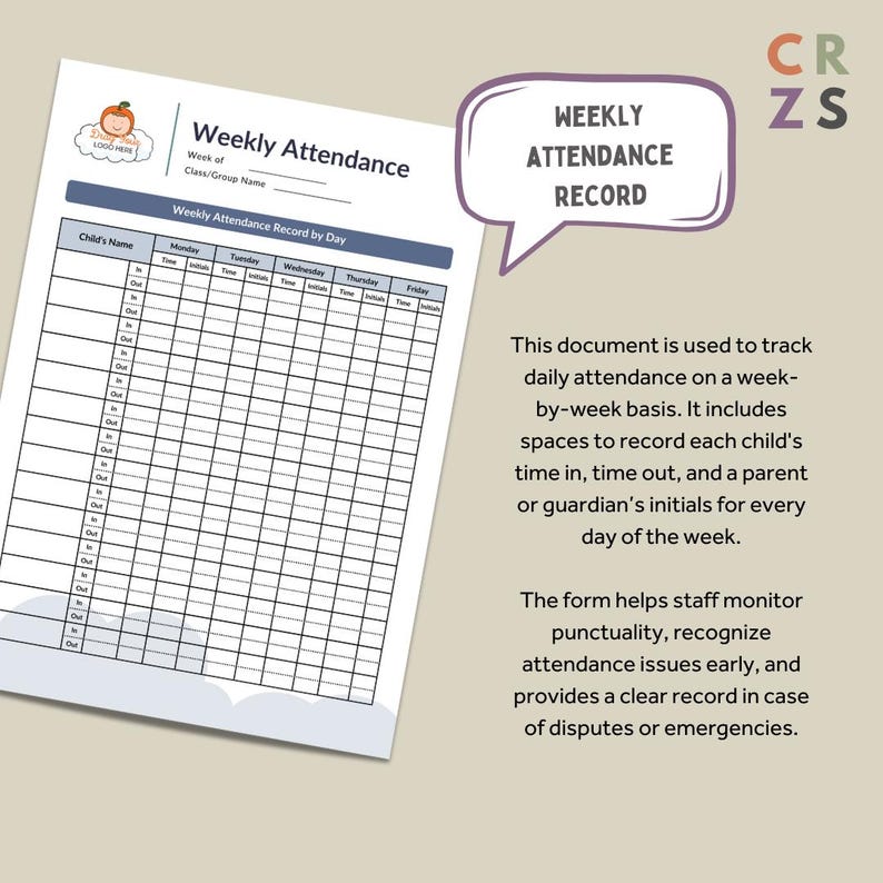 Daycare Weekly Monthly Attendance Sheet, Attendance Log for Childcare ...
