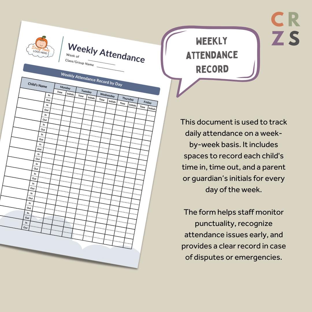 Daycare Weekly Monthly Attendance Sheet, Attendance Log for Childcare ...