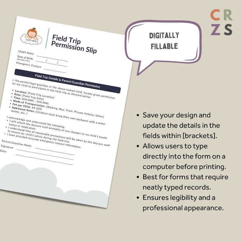 Field Trip Permission Form for Daycare, Kindergarten Field Trip Consent ...