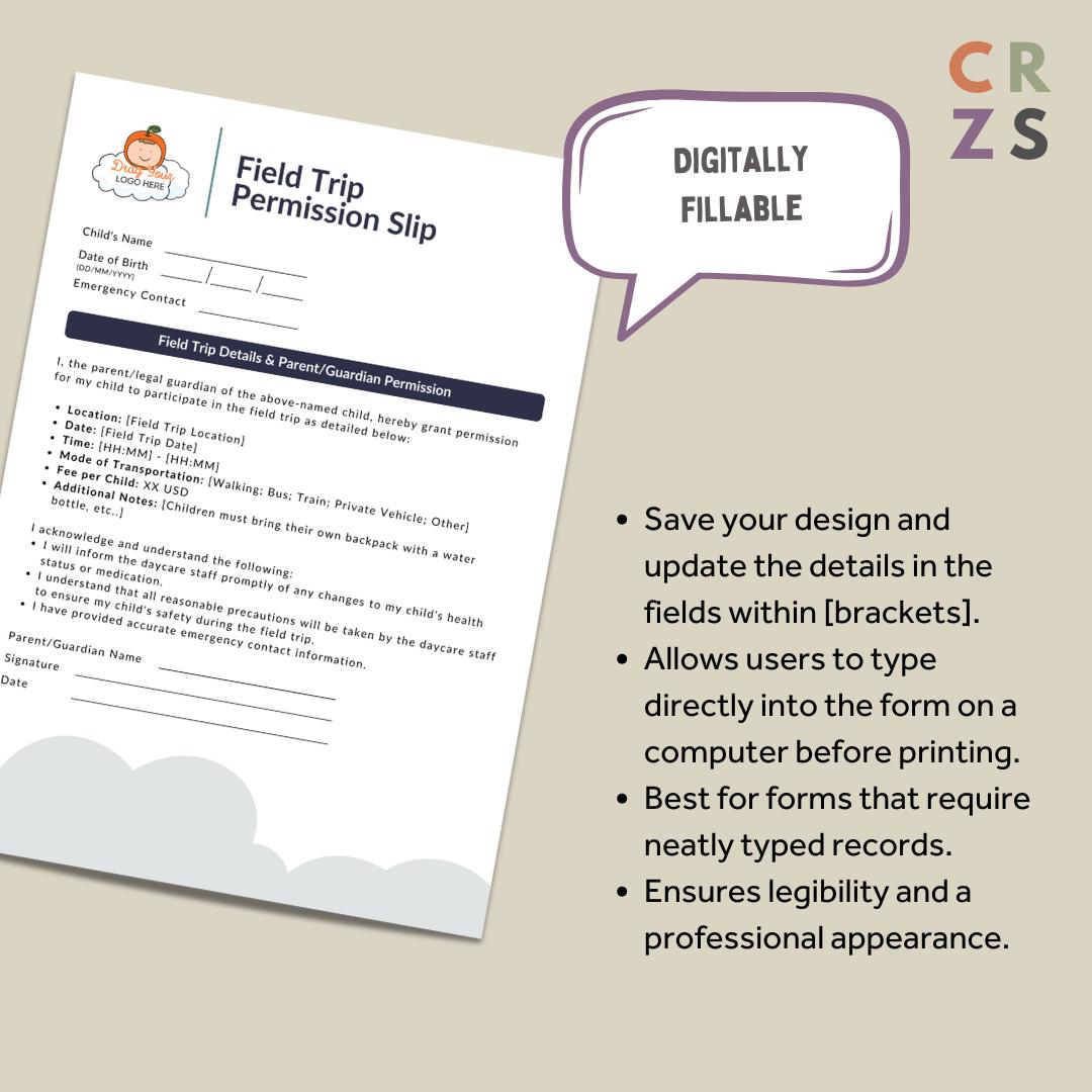 Field Trip Permission Form for Daycare, Kindergarten Field Trip Consent ...