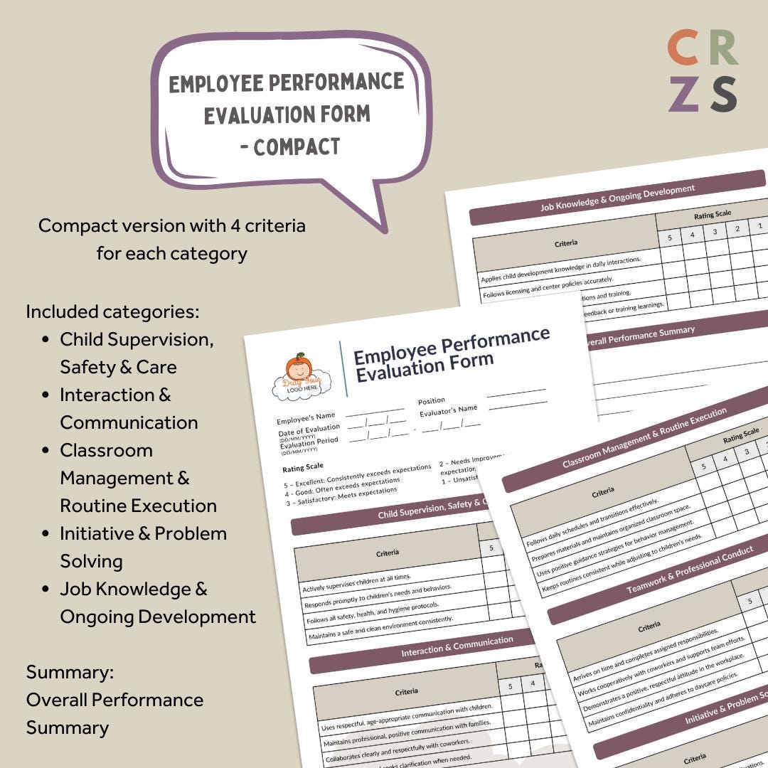 Daycare Staff Evaluation, Employee Performance Review for Childcare ...