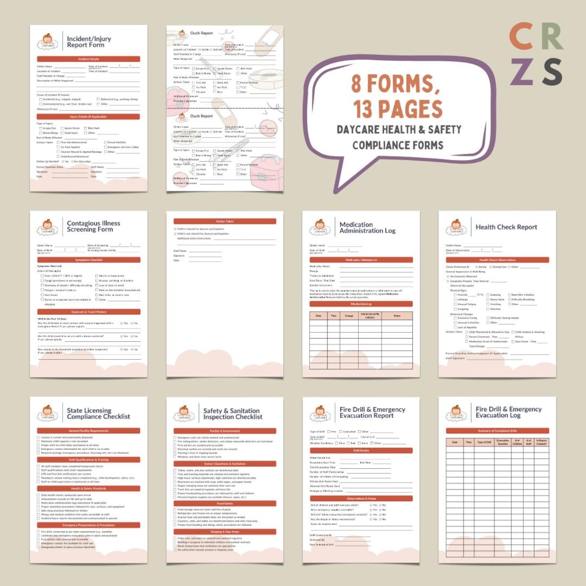 Daycare Health & Safety Compliance Forms Bundle, Health Report for ...