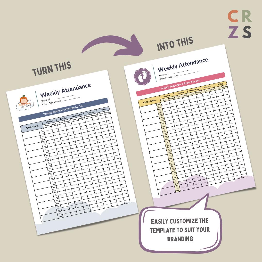 Daycare Weekly Monthly Attendance Sheet, Attendance Log for Childcare ...