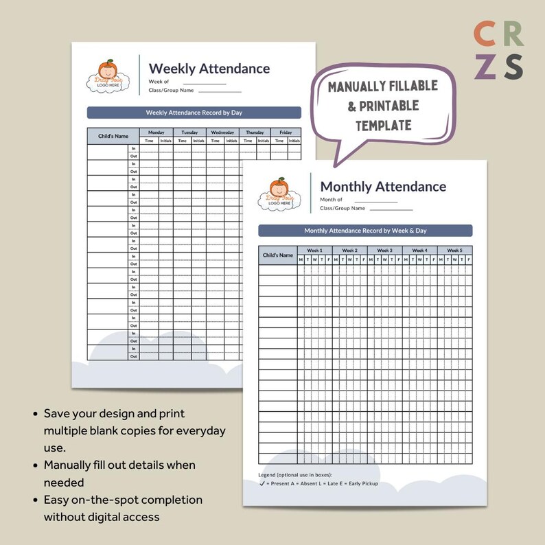 Daycare Weekly Monthly Attendance Sheet, Attendance Log for Childcare ...