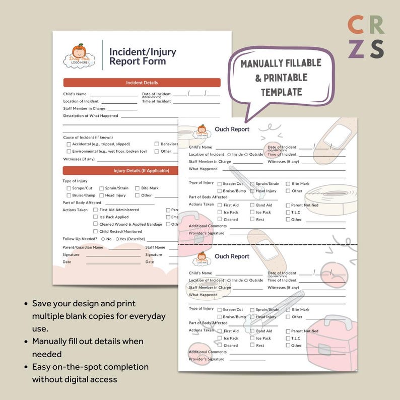 Daycare Incident Report, Childcare Injury Report Form, Ouch Report, Daycare Injury Report ...