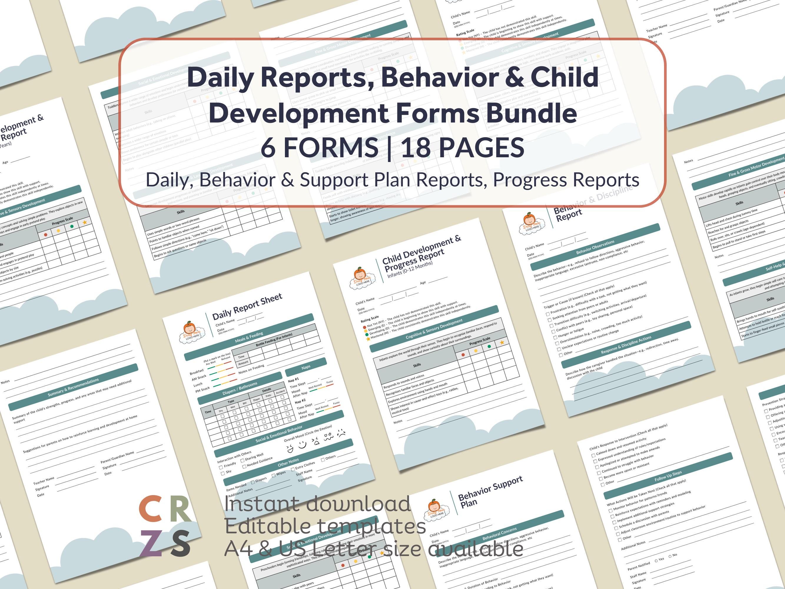 Daycare Child Activity, Behavior & Development Progress Report Bundle ...