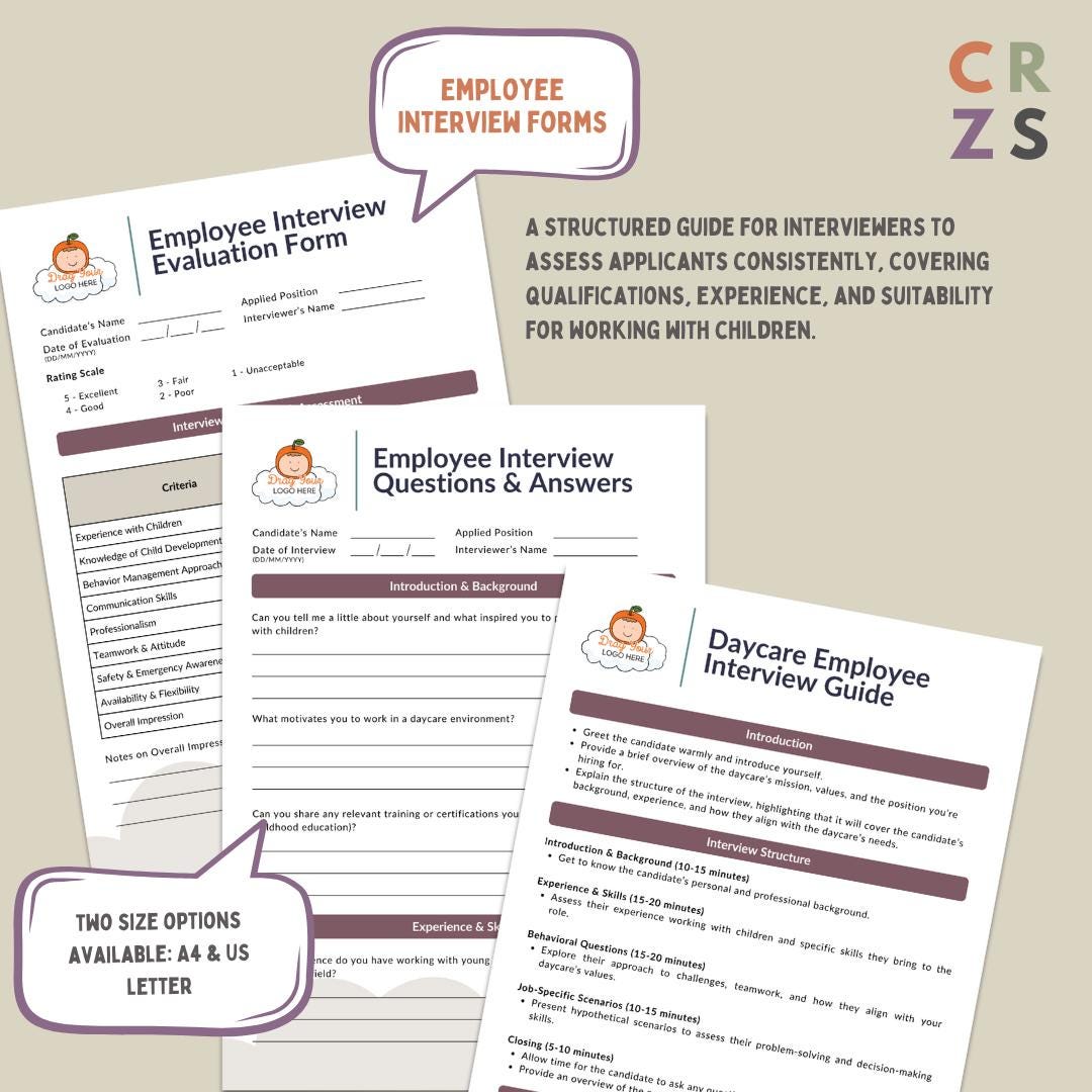 Daycare Employee Hiring Forms Bundle, Employee Application Form for ...