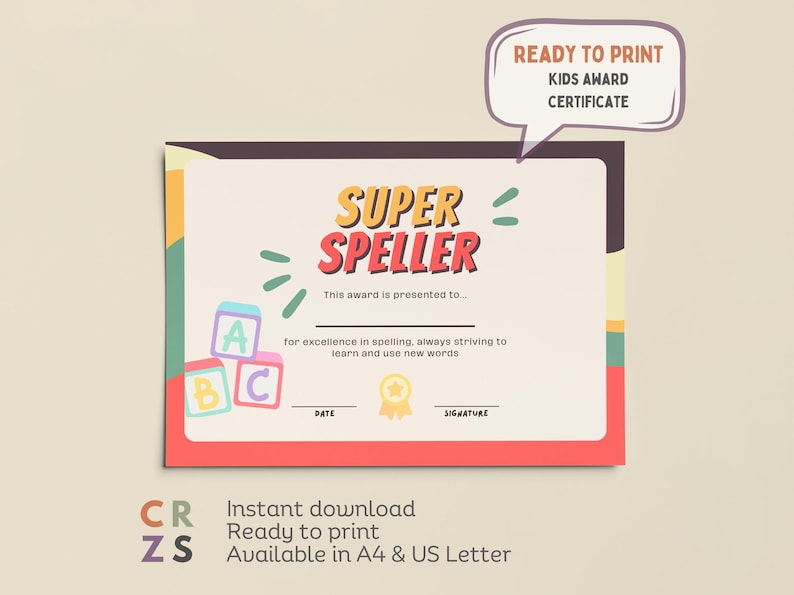 Speller Award Certificate for Kids Classroom Award Certificate Student ...
