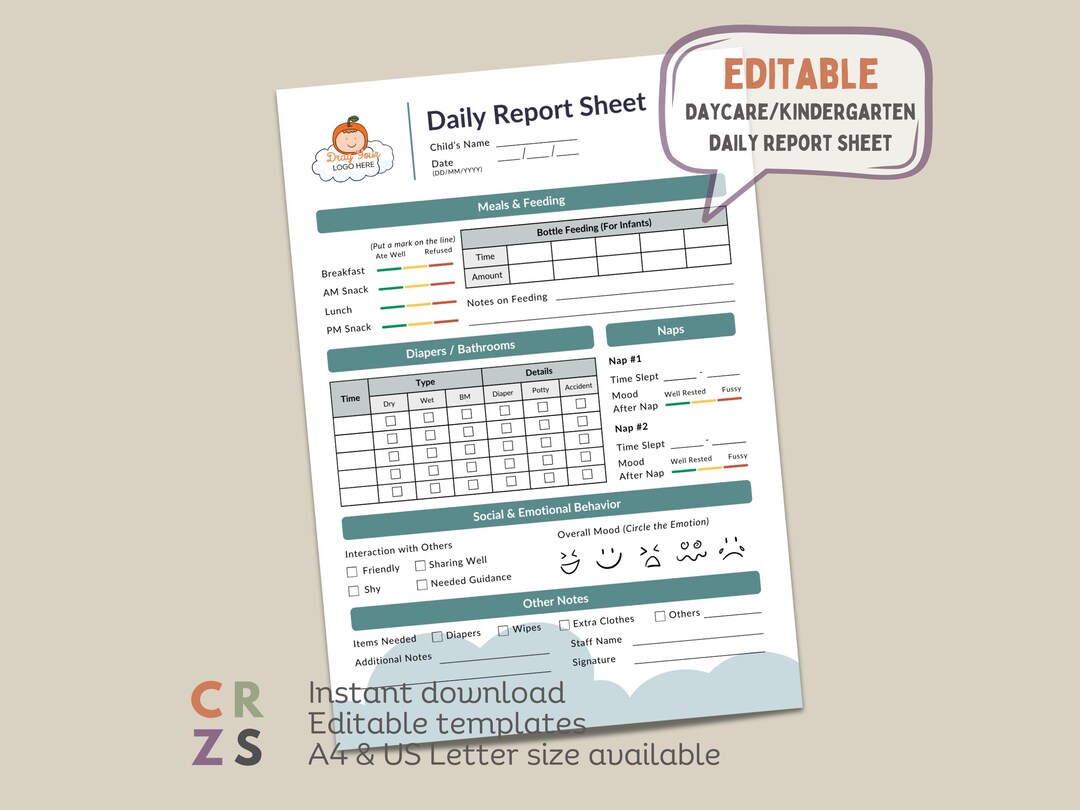 Daycare Daily Report Sheet, Daily Log for Childcare, All About My Day ...