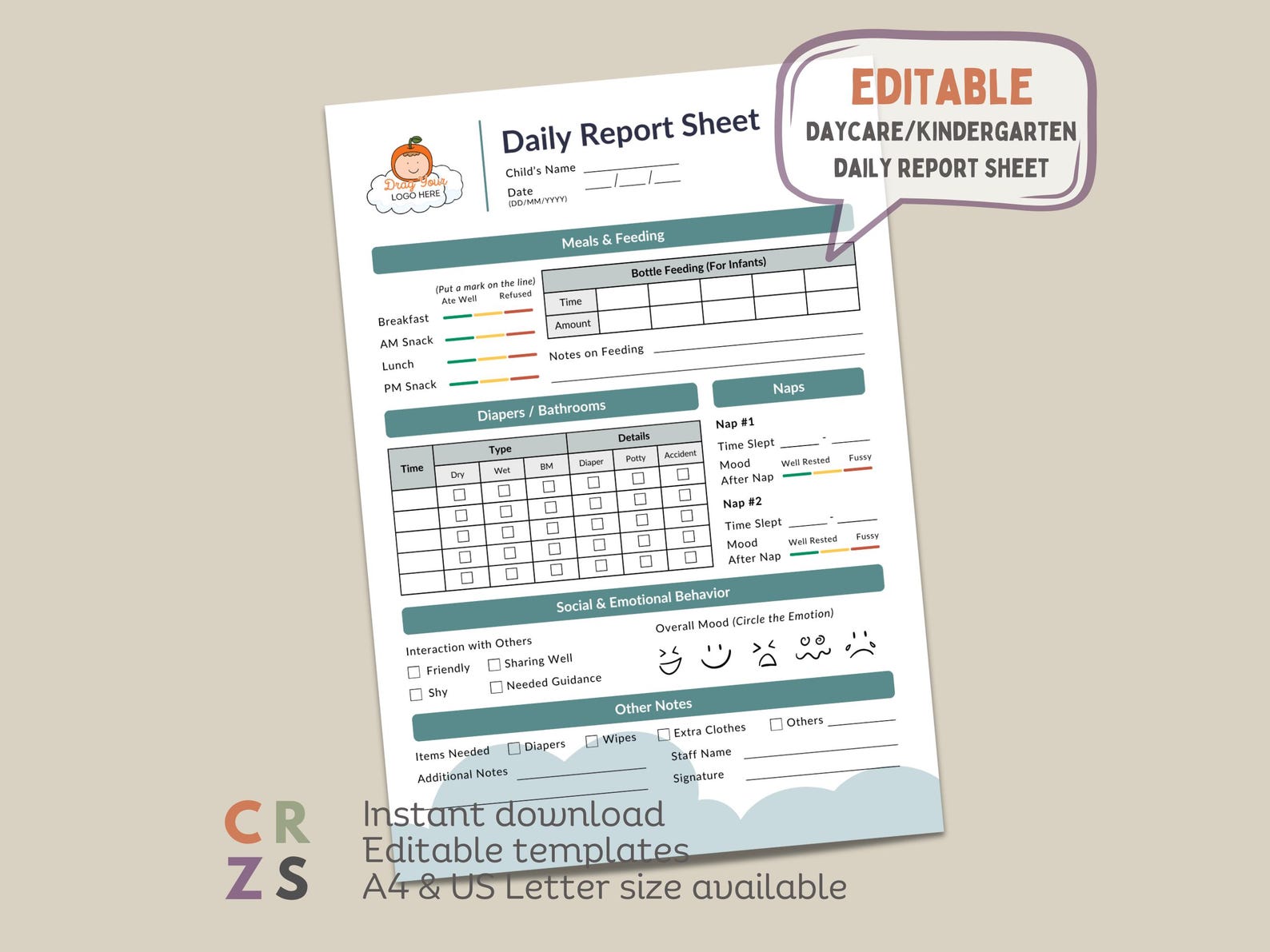 Daycare Daily Report Sheet, Daily Log for Childcare, All About My Day ...