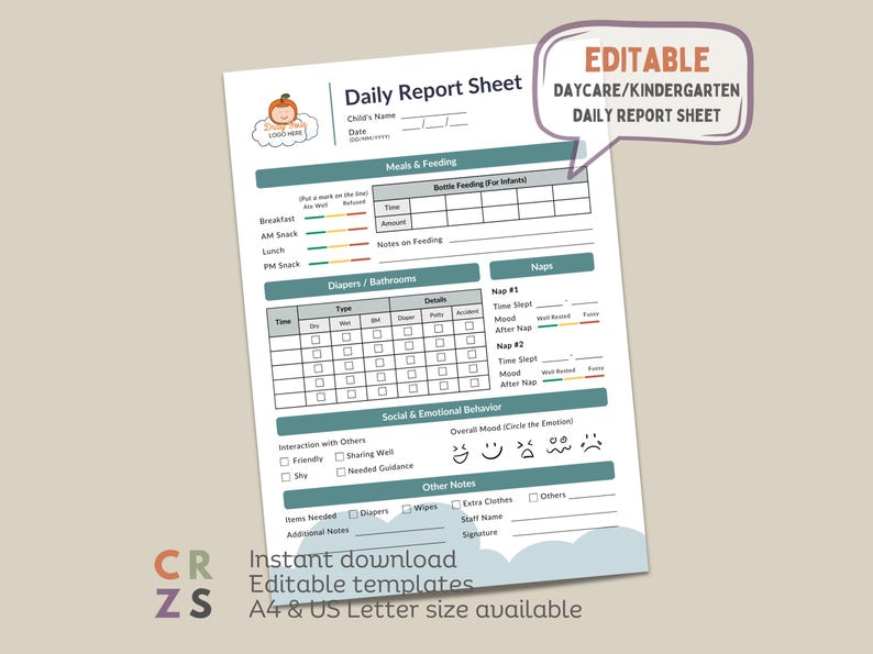 Daycare Daily Report Sheet, Daily Log for Childcare, All About My Day ...