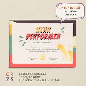 Star Performer Award Certificate for Kids Classroom Award Certificate ...