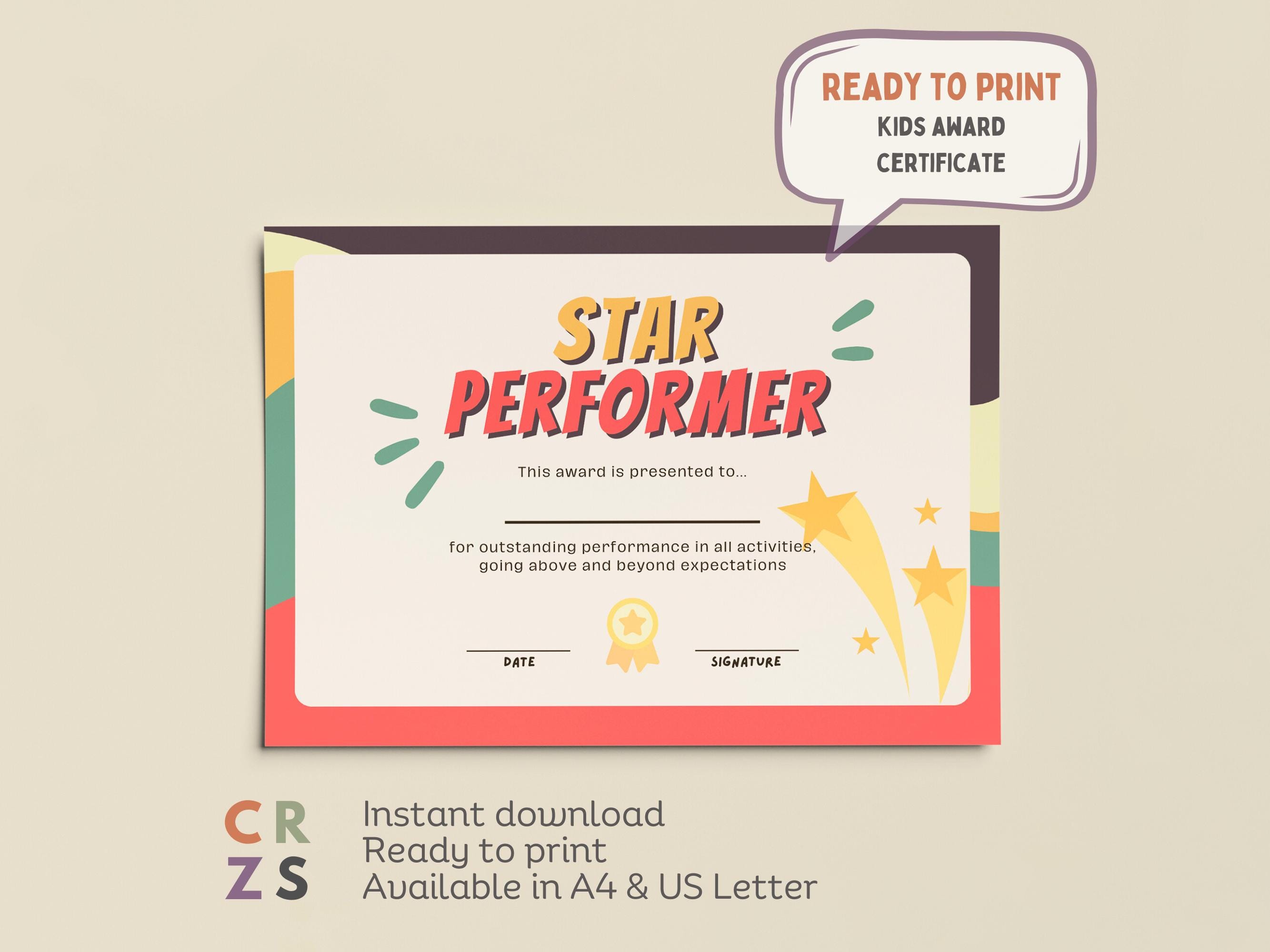 Star Performer Award Certificate for Kids Classroom Award Certificate ...