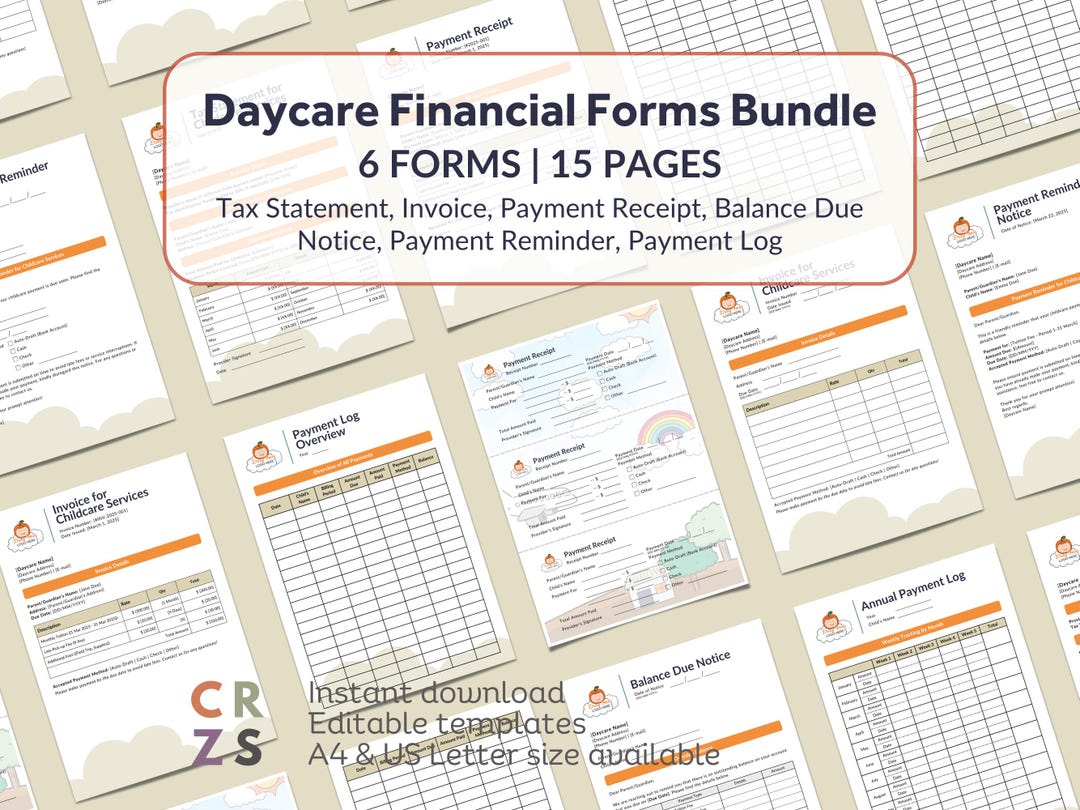 Daycare Financial Forms Bundle, Payment Receipt, Payment Log, Tax ...