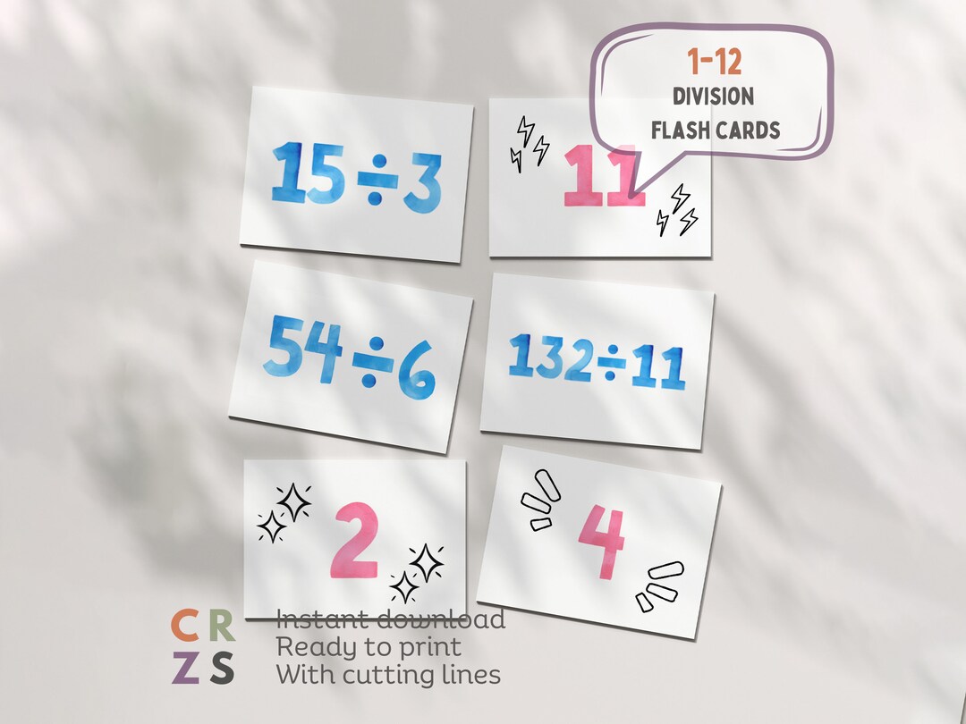 1-12 Division Flash Cards, Math Printable Cards, 1-12 Division ...