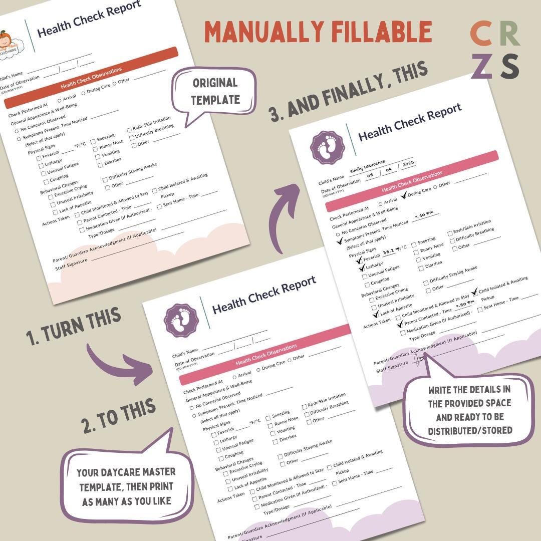 Daycare Health & Safety Compliance Forms Bundle, Health Report for ...