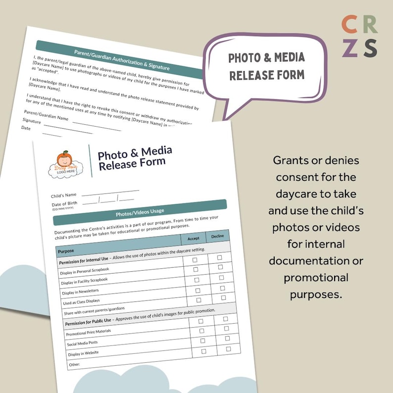 Daycare Photo Release Form, Media Release Authorization, Photography ...