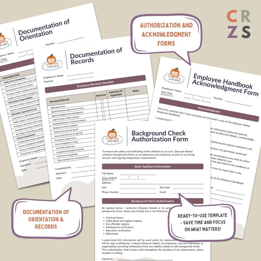 Daycare Employee Hiring Forms Bundle, Employee Application Form for ...