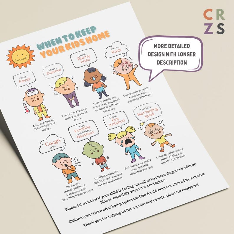 Daycare Sickness Poster, Keep Your Kids Home, Illness Symptoms Poster ...