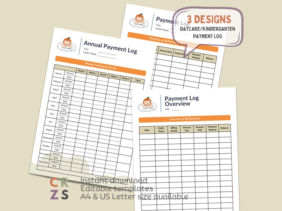 Daycare Payment Log, Daycare Forms, Printable Payment Log for Child ...