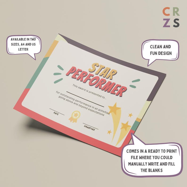 Star Performer Award Certificate for Kids Classroom Award Certificate ...