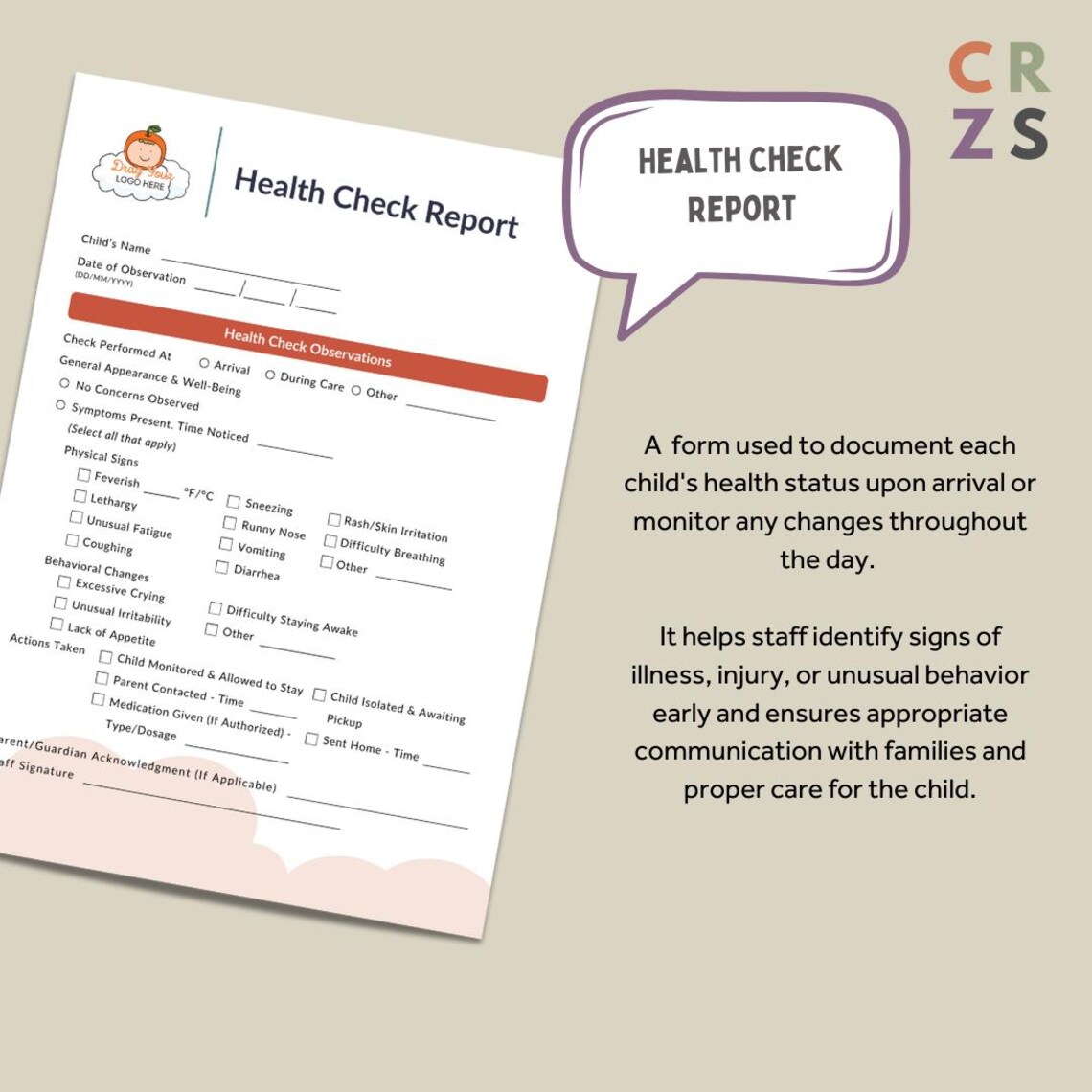 Editable Daycare Health Check Report, Daily Health Check for Childcare ...
