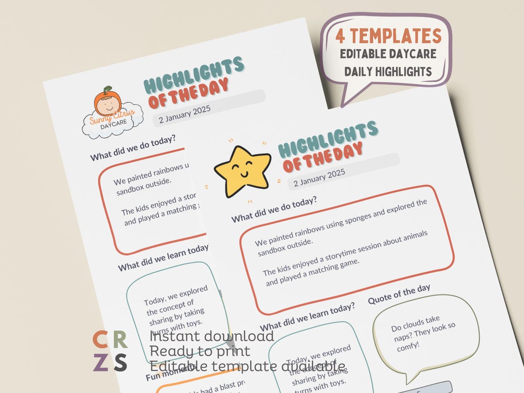 Editable Kindergarten Daily Highlights for Daycare, Childcare Bulletin ...