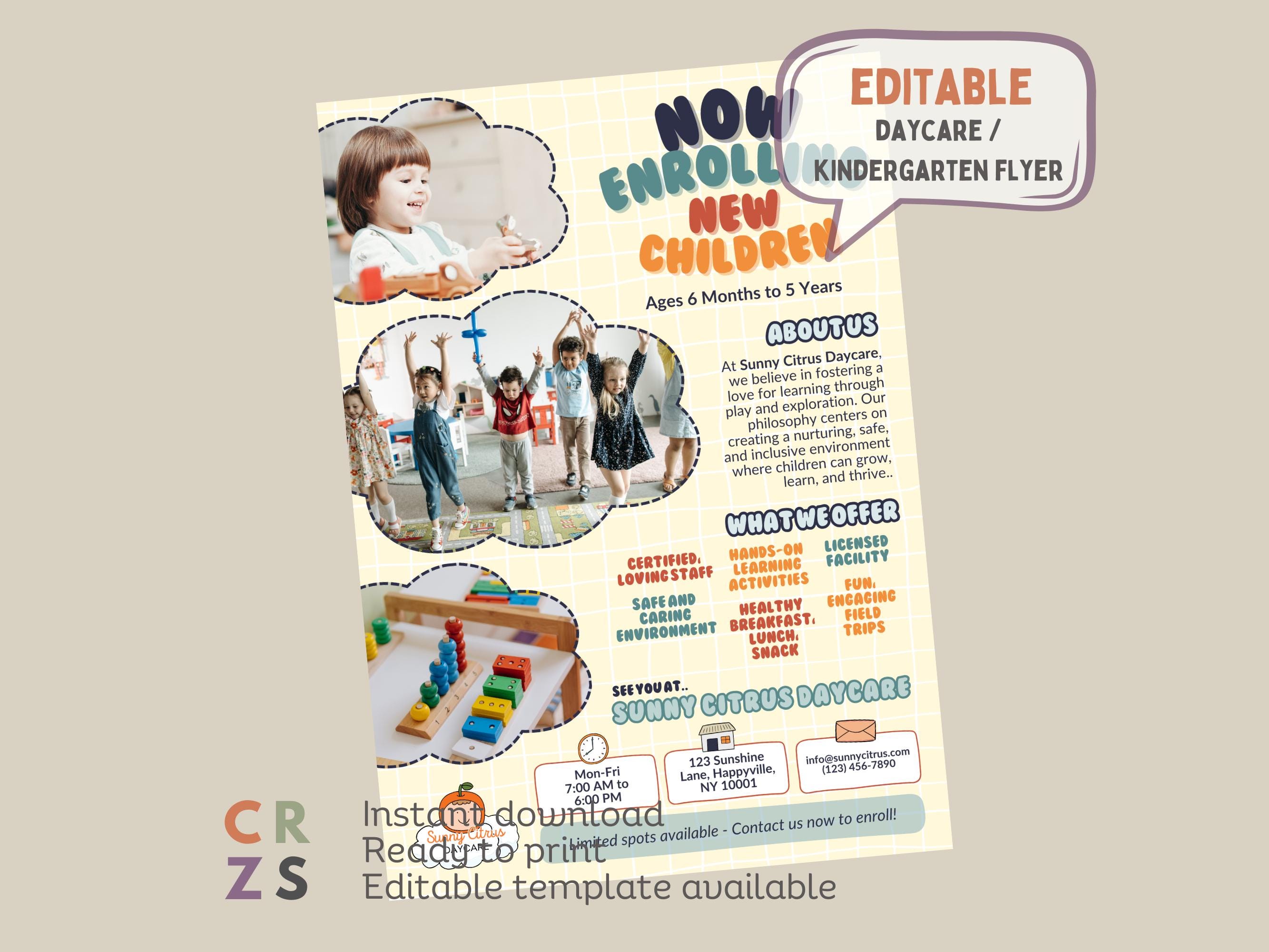 Daycare Flyer, Editable Childcare Flyers, Kindergarten Enrollment ...